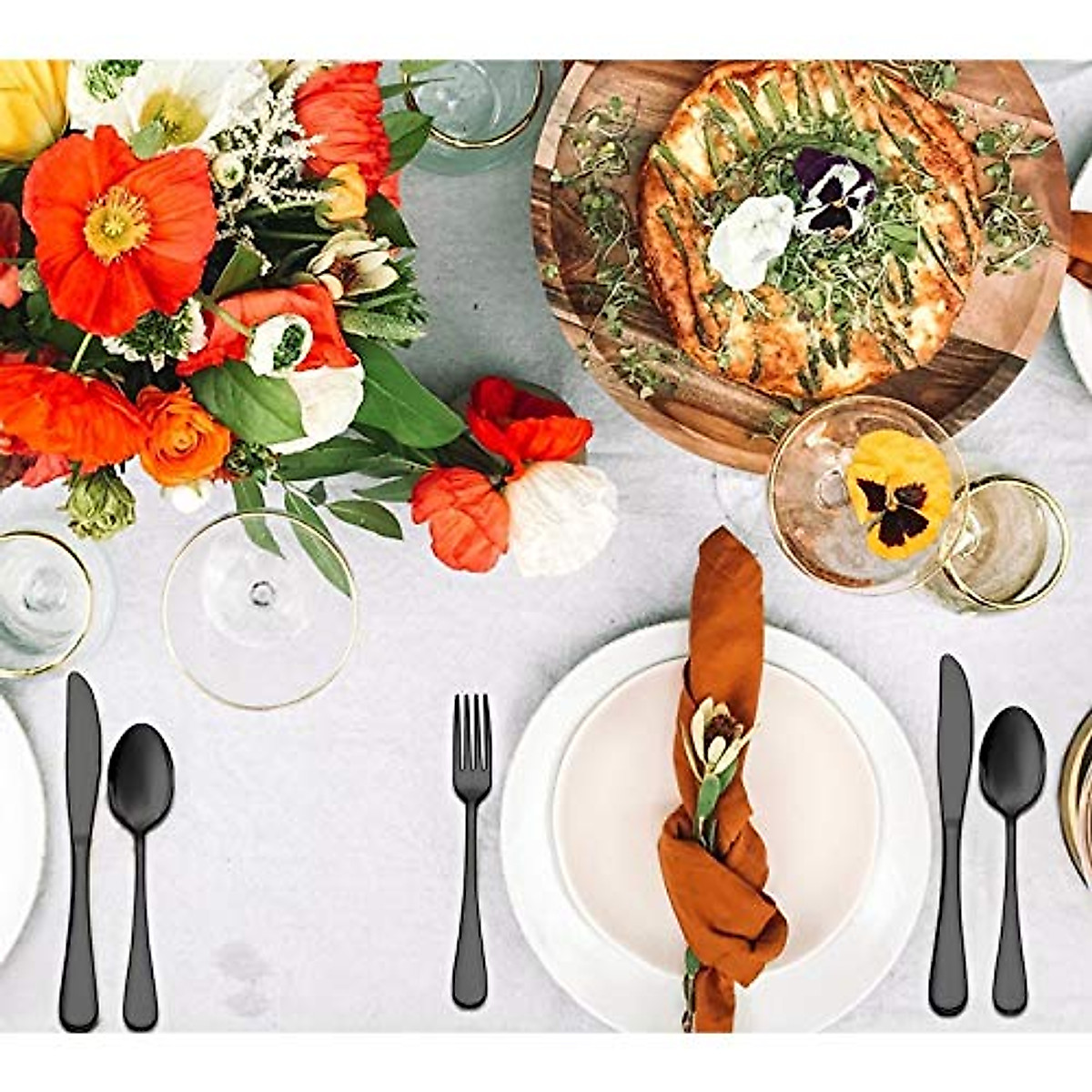 Wildone 60-Piece Black Silverware Set, Stainless Steel Flatware Cutlery Set Service for 12, Tableware Eating Utensils Include Knives/Forks/Spoons, Mirror Polished, Dishwasher Safe