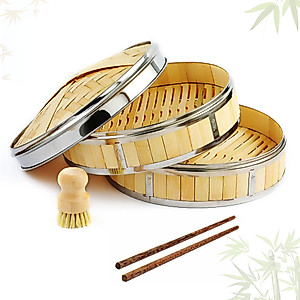 Beyond Gadgets Bamboo Steamer with Steel Reinforcement - 12-Inch 2-Tier Durable & Eco-Friendly Steamer for Healthy Cooking