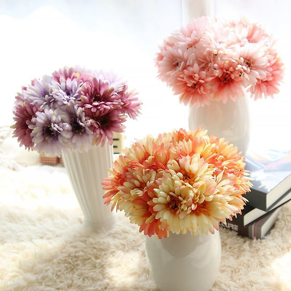 Artfen Artificial Gerbera Flower Artificial Daisy Flowers Bride Bridesmaid Holding Flowers 7 Stems Silk Daisies Flower Wedding Bouquet Living Room Office Party Garden DIY Decoration Autumn Scenery