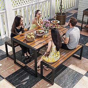 YITAHOME Patio Dining Table and Bench with Faux Wood Tabletop, Outdoor Dining Set for 4-6 People, All-Weather Picnic Conversation Set for Garden Backyard Poolside - Brown