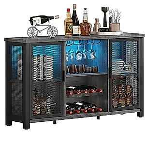 YITAHOME Bar Cabinet w/LED Lights for Liquor and Glasses, Coffee Bar Cabinet w/Wine Racks, Mesh Door, Glass Holders, Industrial Storage Buffet Cabinet for Kitchen, Dining Room, Living Room, Dark Gray