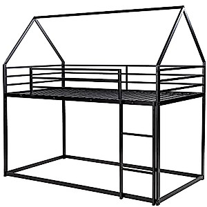 OPTOUGH Twin Over Twin House Bunk Bed with Built-in Ladder, Metal Low Bunk Bed for Kids Girls Boys, Black