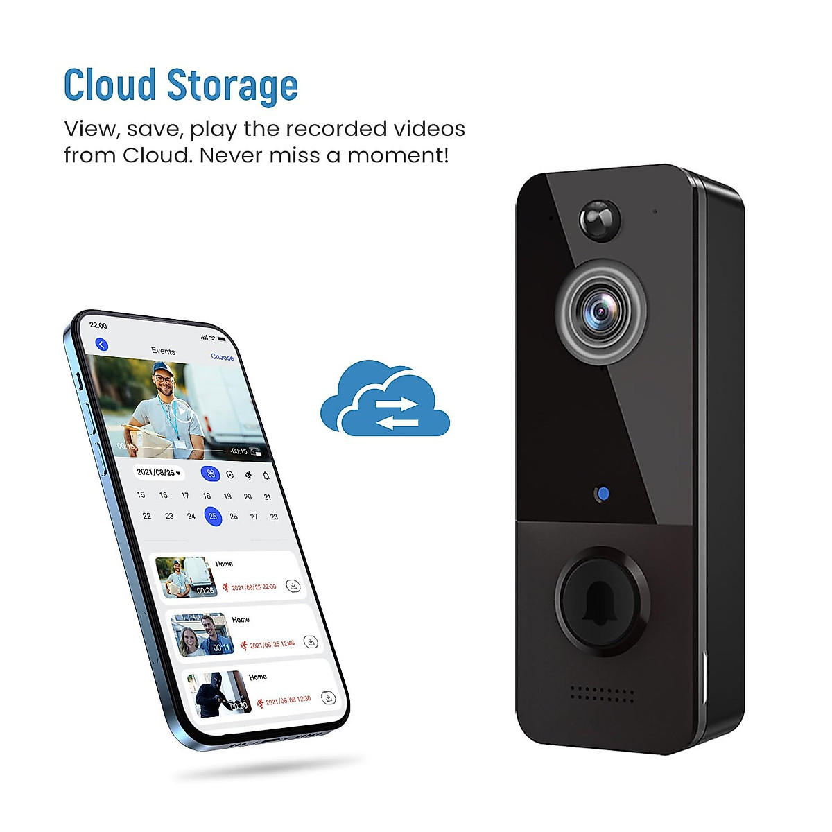 BITEPASS Smart Video Doorbell Camera Wireless with Ring Chime, AI Human Detection, 2-Way Audio, HD Live View, 2.4G WiFi, Night Vision, Cloud Storage, Battery Powered, Indoor Outdoor Surveillance