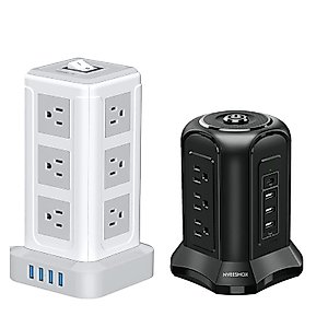 Power Strip Tower Surge Protector Electric Charging Station with USB-C, 12 AC Outlets, 4 USB Ports, One Type C Port& 9 AC Outlets, 10ft Extension Lead for Office, Home