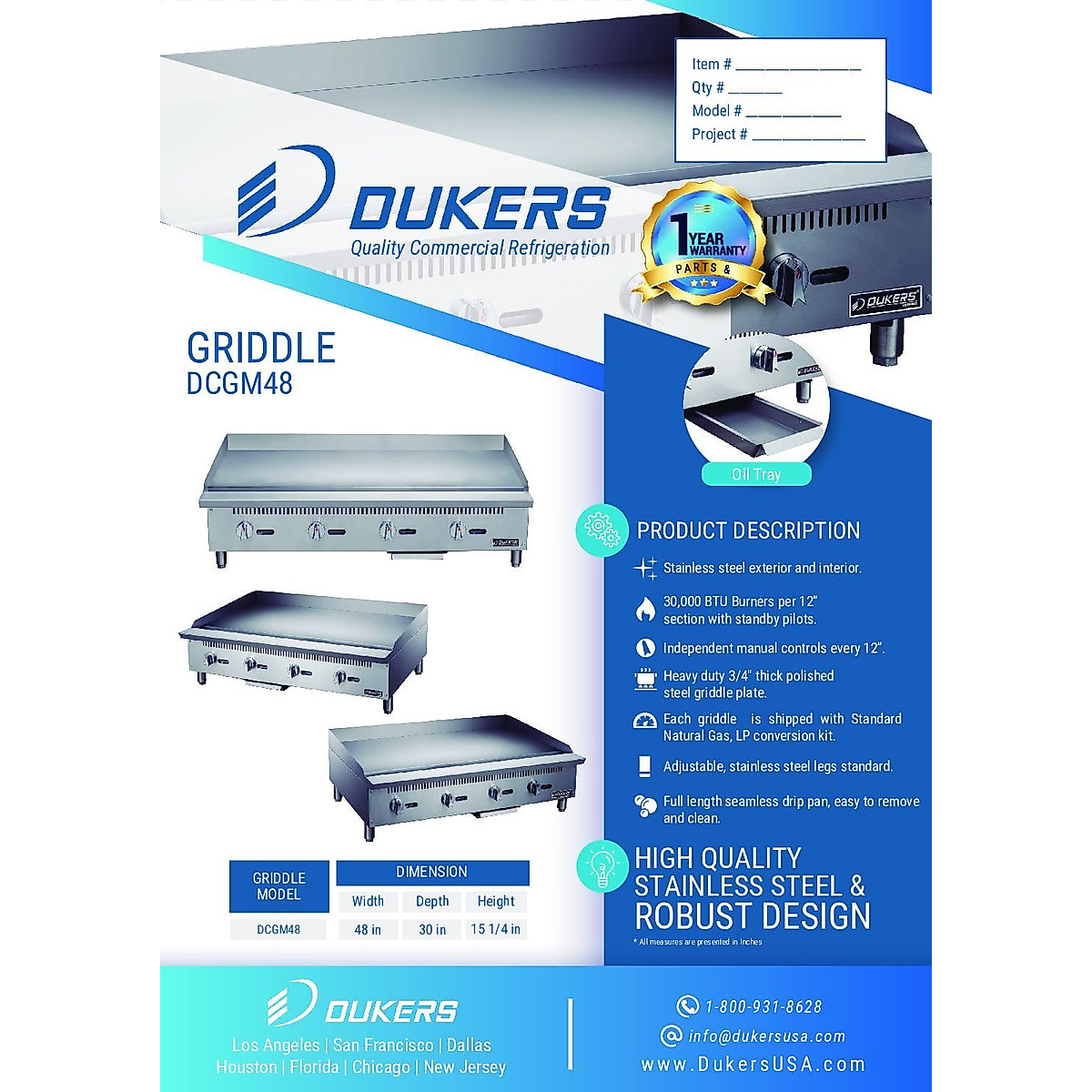 Dukers DCGM48 48 Inch Commercial Gas Griddle with 4 Burners Natural Gas/Liquid Propane
