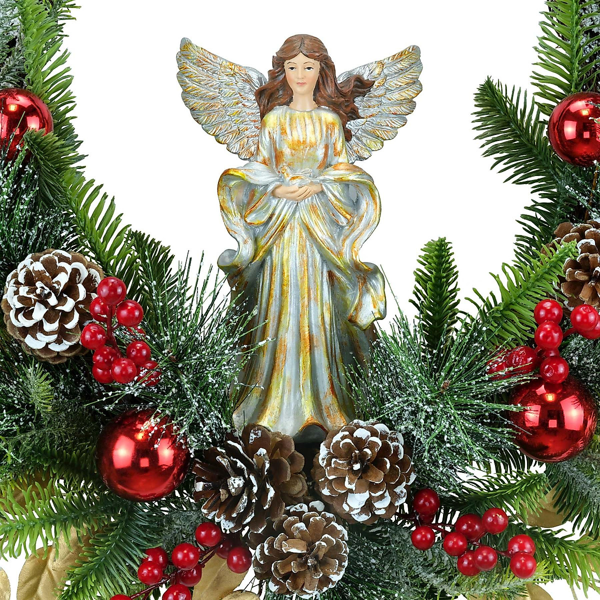 24" Angel Christmas Wreath, Artificial Holiday Wreath with Resin Angel Statue, Natural Rattan Ring & Pine Cones, Golden Leaves, Red Baubles, Spruce Branches, Snowy Pine Needles (Angel)