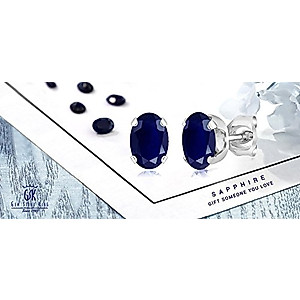 Gem Stone King 925 Sterling Silver Blue Sapphire Stud Earrings For Women | 1.10 Cttw | Gemstone Birthstone | Oval 6X4MM