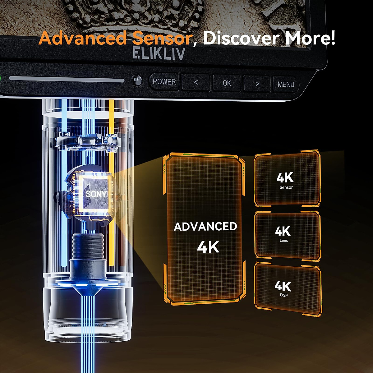 4K Digital Microscope, Elikliv EM4K 8" Coin Microscopes 2000x, 52MP HDMI Microscopes, Soldering Microscope for Adults, Micro scopes for Electronics Repair, 3840P UHD Video Micro socpe, 10" Stand, 64G