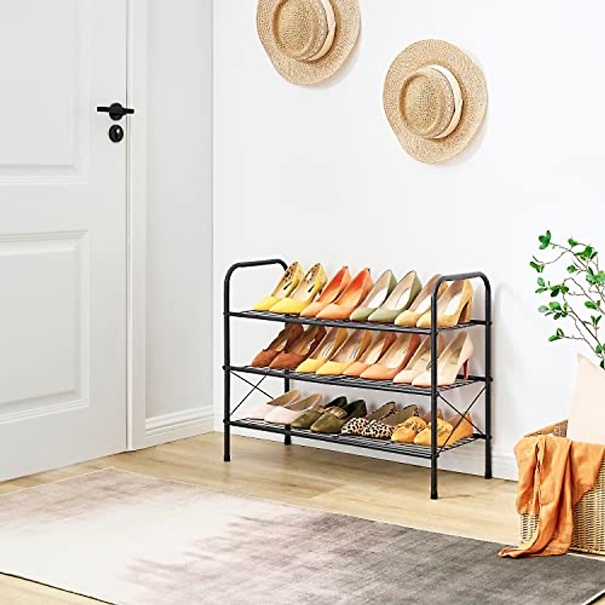 Tajsoon 3-Tier Stackable Shoe Rack Organizer, Adjustable & Expandable Shoe Storage Shelf for Entryway, Metal Wire Grid with X Shape Fixed Frame, Black