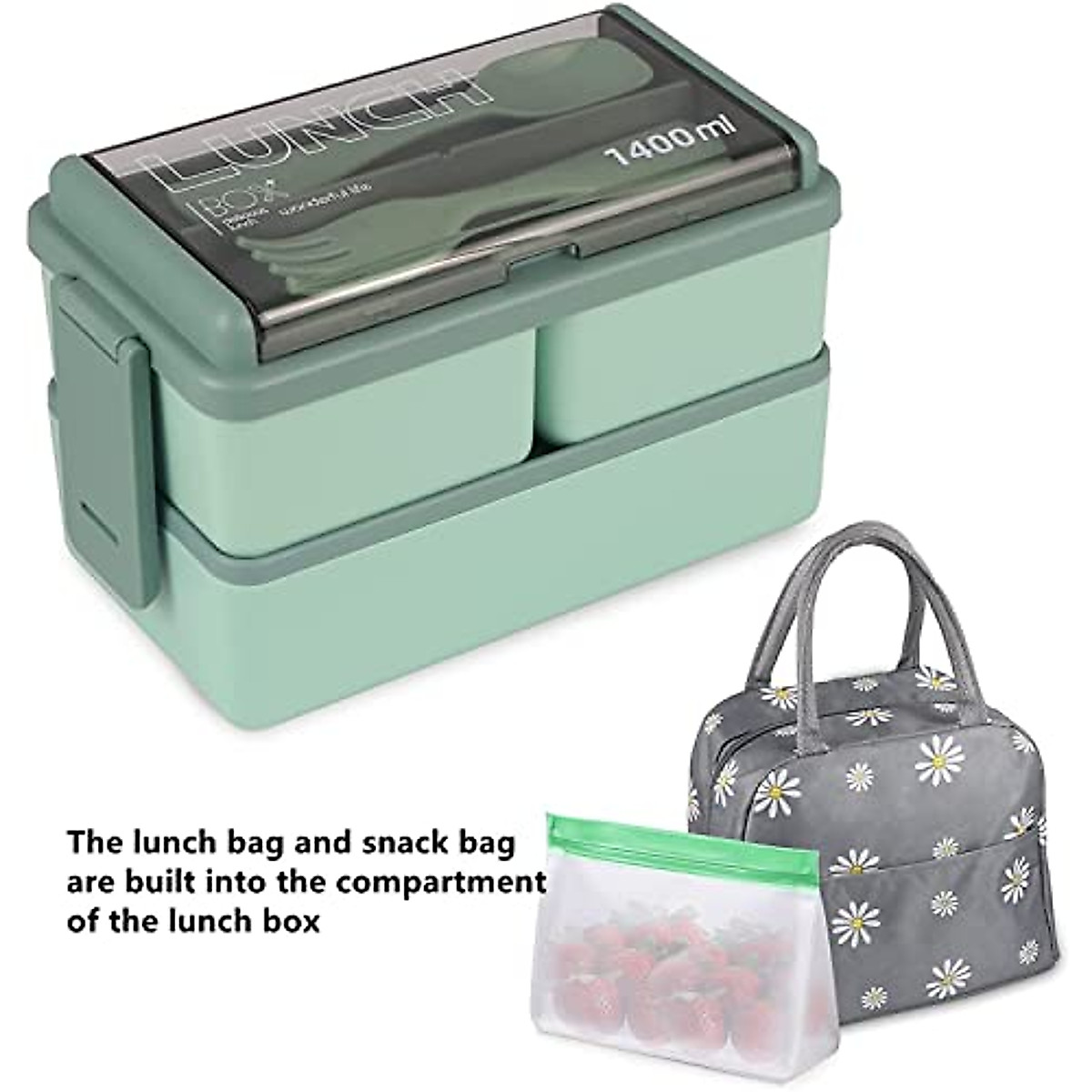 NatraProw Stackable Bento Box Kit, 47.35OZ Bento Box Adult Lunch Box, 3 Compartments Bento Lunch Box with Lunch Bag and Utensils, Meal Prep Containers for Adults, BPA Free Microwave Bento Box (Green)