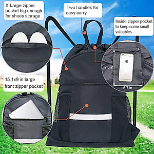 CALACH Drawstring Backpack Sports Gym Bag with Shoe Compartment, X-Large String Bag for Women Men with Zipper Pockets and Mesh Pockets (Black)