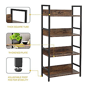 VANSPACE Bookshelf 4 Tier Industrial Bookcase Rustic Wood and Metal Standing Bookshelf with Back Panel Book Shelf for Bedroom, Home Office Storage Rack Shelf, Rustic Brown