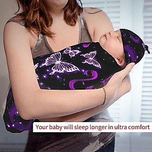 Ykklima Baby Newborn Swaddle Blanket with Beanie Hat- Purple Butterfly Pattern Receiving Blanket Sleep Sack for Girls Boys Infant Gifts