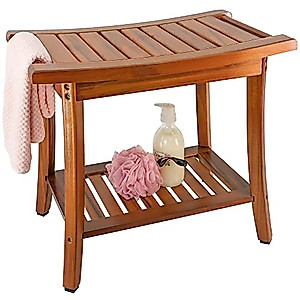 Utoplike Teak Shower Bench Seat with Handles, Portable Wooden Spa Bathing Stool with Storage Towel Shelf, 22" x 13" x 18.6",Waterproof,Perfect for Indoor and Outdoor Use