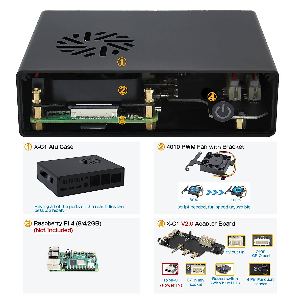Geekworm Case with Power Button for Raspberry Pi 4, X-C1 Adapter Board | Ultra-thin Pi 4 Aluminum Case | PWM Cooling Fan | Auto Power On | Safe Shutdown Function Compatible with Raspberry Pi 4 Model B
