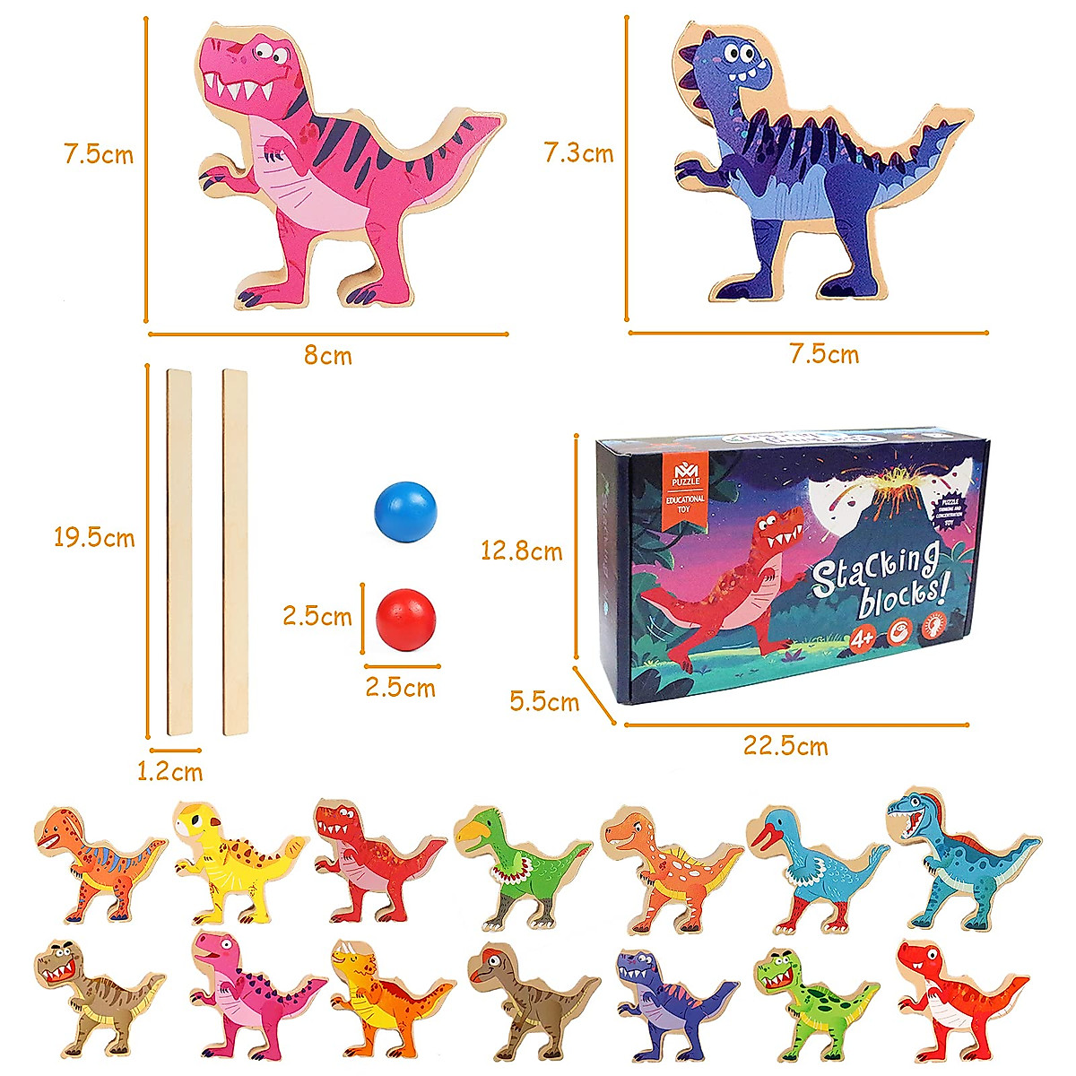 UWBGRT Dinosaur Toys for Kids, Wooden Stacking Toys Set with 16pcs Large Dinosaur Blocks,3 Balance Broads, 2 Balls for 4 5 6 Year Old Toddler
