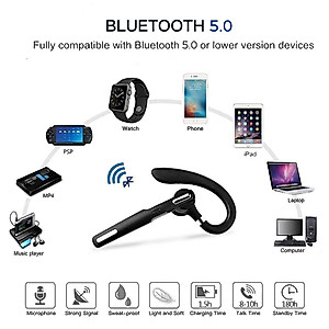 ICOMTOFIT Bluetooth Headset, Wireless Bluetooth Earpiece V5.0 8-10 Hours Talktime Stereo Noise Cancelling Mic, Compatible for iPhone Android Cell Phones Driving/Business/Office (Black)
