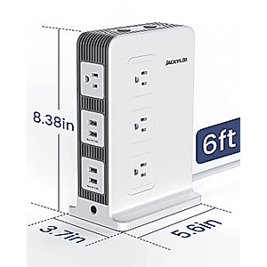 Power Strip Surge Protector Tower - JACKYLED 10 Outlet 4 USB Vertical Charging Station, 1875W 15A, 1080J with 6ft Heavy Duty Extension Cord for Multiple Devices, Home Office Dorm RV