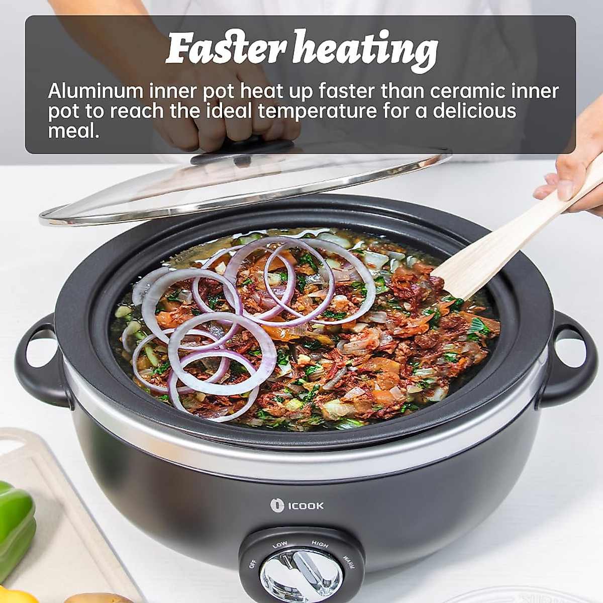 ICOOK USC-35-OP001BK 3.5 Quart Slow Cooker,Aluminium Sear/Sauté Stew Pot Stovetop safe,Dishwasher Safe,Glass Lid,Adjustable Temp,Food Warmer,Black