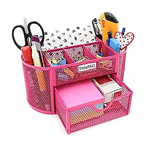 EasyPAG Desk Organizer Mesh Desktop Office Supplies Multi-functional Caddy Pen Holder Stationery with Drawer,Pink