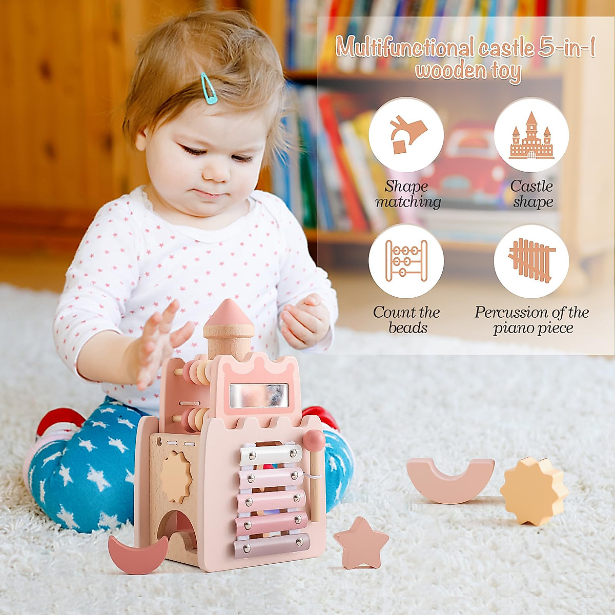 Youuys Wooden Activity Cube 9-in-1 Montessori Toys for 3+ Year Old Boys & Girls, Multipurpose Educational Sensory Learning Toys for Baby Toddlers with Mirror, First Birthday Gift (Castle)