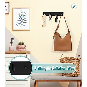 RELBRO Key Holder Wall Mount, Black Metal Key Hanger Self Adhesive Key Rail with 4 Key Hooks Key Rack Organizer 2 Options Installation for Entryway Hallway Kitchen RV Camper