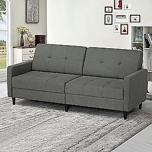 BIVVI 77” Long Linen Fabric Sofa Bed Convertible Loveseat Couch with Adjustable Backrest and Wooden Legs,Sleeper Lounge Couch for Living Room/Dorm/Guest/Home Office/Apartment,Gray
