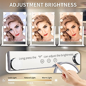 SLIMOON Hollywood Vanity Mirror with Lights, 12 Dimmable LED Bulbs Lighted Makeup Mirror with Detachable 10X Magnification Mirror, 1000mAh Rechargeable, 3 Color Lights, Touch Control