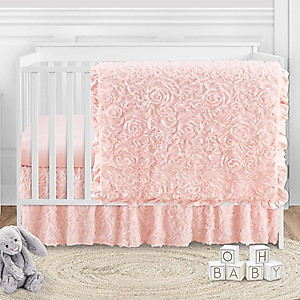 Sweet Jojo Designs Pink Floral Rose Baby Girl Nursery Crib Bedding Set - 4 Pieces - Solid Light Blush Flower Luxurious Elegant Princess Vintage Boho Shabby Chic Luxury Glam High End Ruffle Roses