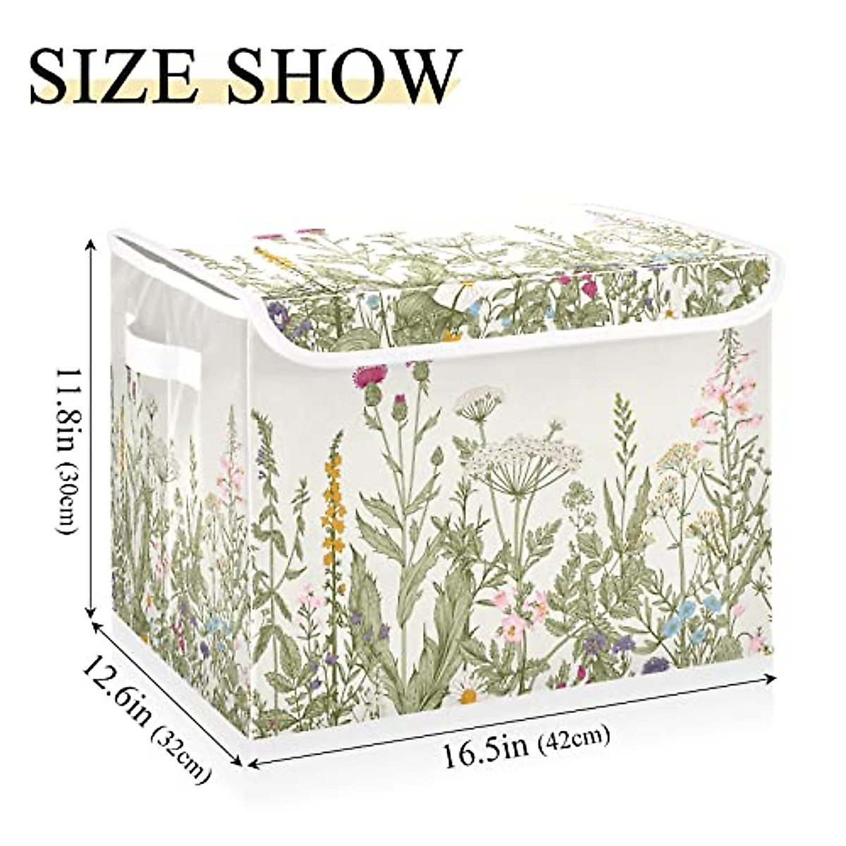 Wild Flowers Collapsible Rectangular Storage Bins with Lids Decorative Lidded Basket for Toys Organizers Fabric Storage Boxes with Handles for Home Clothes and Books