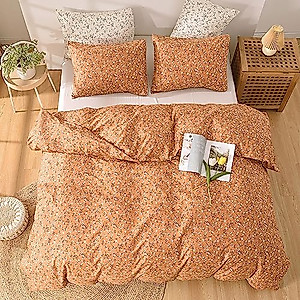 Lekesky Cotton Duvet Cover Queen Size - 100% Washed Cotton Orange Pattern Floral Duvet Cover for All Season, Soft and Breathable Bedding Set with Zipper Closure & Corner Ties