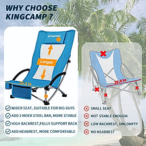 KingCamp Folding Beach Chair 2 Pack High Back Lightweight Portable Backpack Chair with Headrest, Cup Holder for Camping Outdoor Sand Concert Lawn Festival Sports, Blue