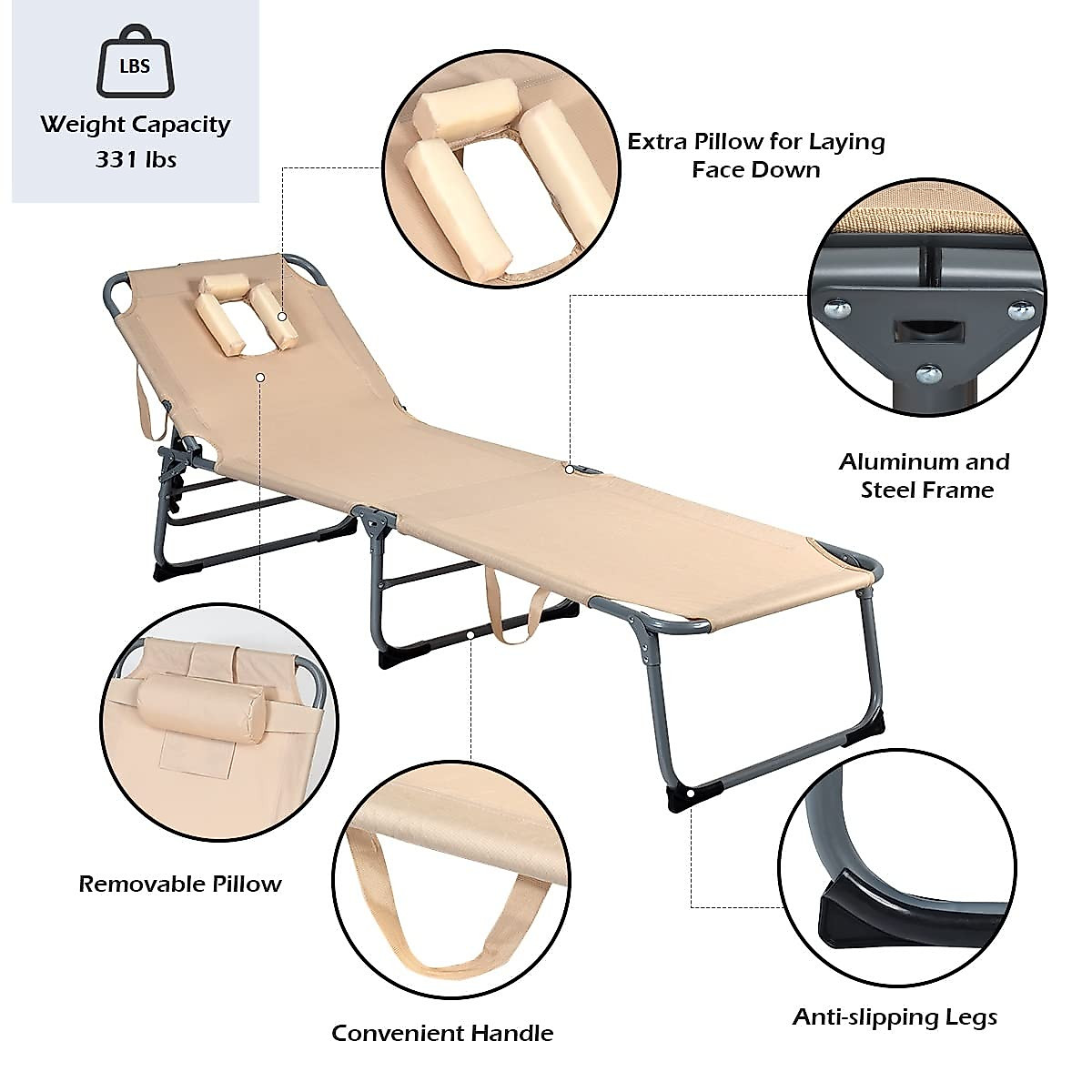 GYMAX Tanning Chair, Beach Lounge Chair with Face Hole, 5 Level Adjustable Backrest, Removable Pillow & Carry Handle, Adult Layout Sunbathing Chair for Outside Beach Poolside Lawn Patio (1, Sand)