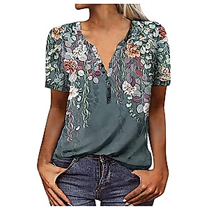 YUTANRAL Summer Tops for Women Vintage Elegant Floral Graphic Short Sleeve Button Down V Neck Y2K Tops Tees 2023 Womens Clothing Trendy Dressy Casual Plus Size Y2k Tops Blouses (Navy,Large)
