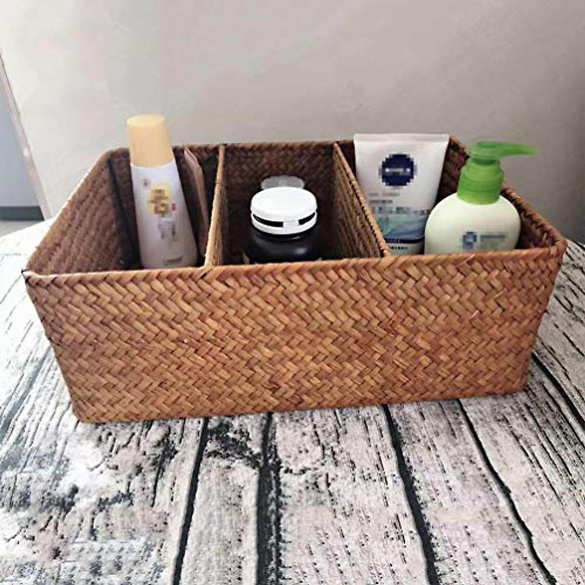 Cabilock Hand-Woven Basket Seagrass Seaweed Woven Storage Box 3-compartments Desktop Organizer Case for Home Bathroom Office Decor 32x22x11cm (Yellow)