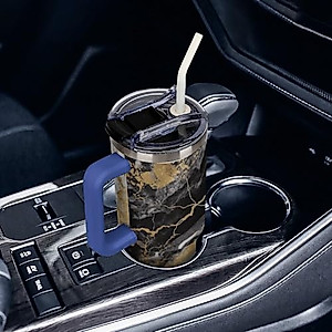 40 Oz Vacuum Tumbler with Deep Blue Handle Leakproof Insulated Tumbler Black White Gold Foil Marble Stainless Steel Travel Mug with Lid And Straw Coffee Cup Cute Water Bottles Cup Holder Friendly