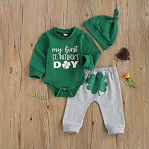 Newborn Baby Boys My First St. Patrick's Day Outfits Green Long Sleeve Romper Clover Print Trousers Hat 3Pcs Set (1#Green, 6-12 Months)