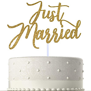 Just Married Cake Topper - Little Backyard Wedding & Bridal Shower/Engagement Party Decoration, Gold Glitter Paper