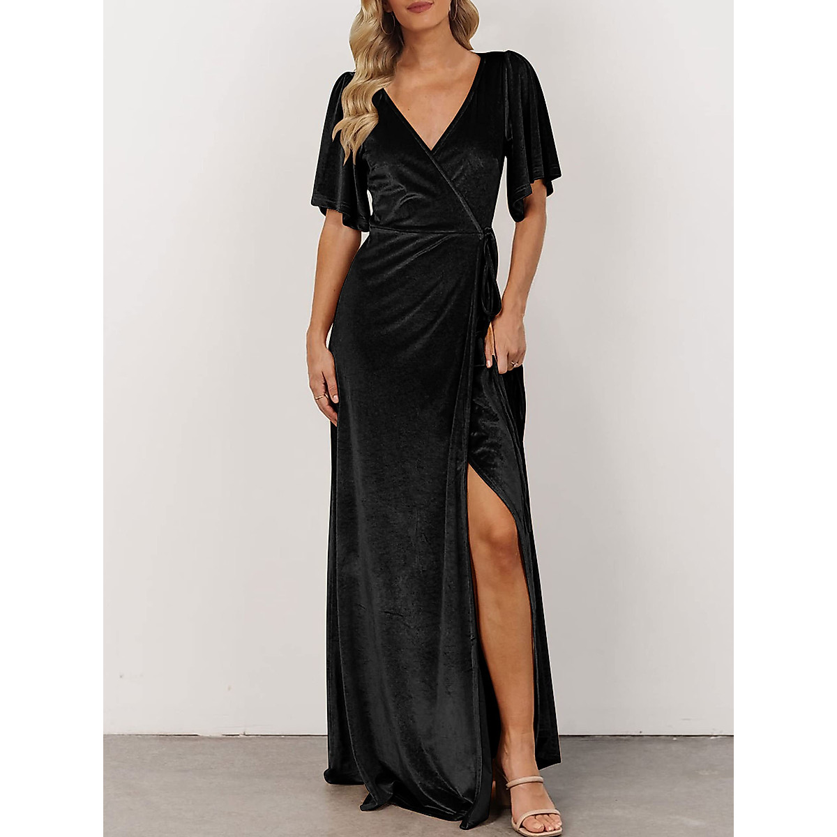 MEROKEETY Women's Short Sleeve Vintage Velvet Long Dress Sexy Boho Wedding Guest Evening Maxi Dresses, Black, Large