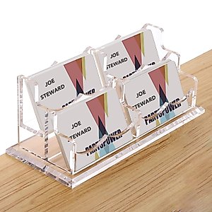 PARTSPOWER Acrylic Business Card Holder for Desk, Horizontal Clear Business Name Card Display Stand, Desk Accessory Business Name Card Organizer (Horizontal, 4-Slot)