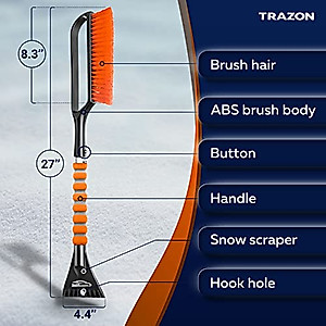 27" Snow Brush and Snow Scraper for Car, Ice Scrapers for Car Windshield with Foam Grip for Cars, SUV, Trucks - Detachable Сar Scraper - No Scratch - Heavy Duty Handle, Snow Broom, Remover, Orange