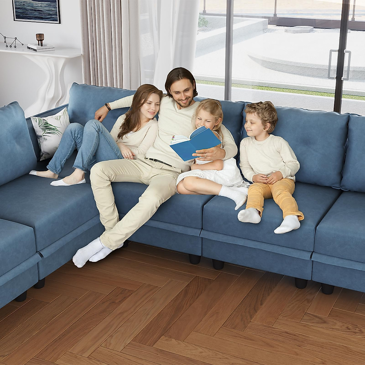 LLappuil Modular Sectional Couch with Reversible Chaise Faux Leather Fabric Oversized 8 Seater U Shaped Sectional with Storage Convertible Sofa Sleeper Couch, Navy Blue