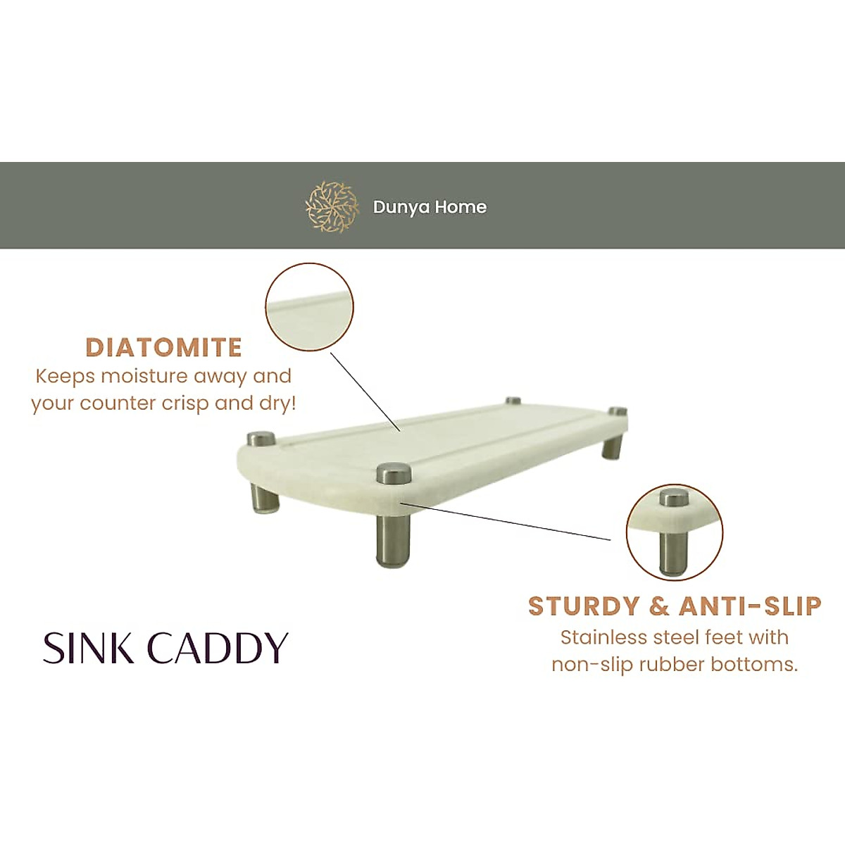 Dunya Home Bathroom Sink Caddy Fast Drying Stone Drying Rack Accessory Organizer Diatomaceous Earth Drying Rack Sponge Bottle Soap Countertop Organizer White