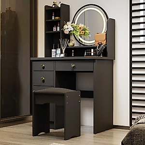 ECACAD Vanity Desk Set with LED Lighted Round Mirror, Makeup Dressing Table with 5 Drawers, Storage Shelves & Cushioned Stool for Bedroom, Black