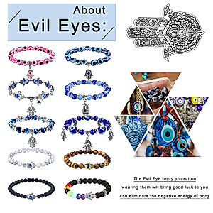 Sanfenly 10Pcs Evil Eye Bead Bracelet for Women Men Hamsa Hand Fatima Blue Eye Chakra Beaded Charm Stretch Bracelet Turkish Evil Eye Good Luck Protection Bracelet Evil Eye Jewelry Gift