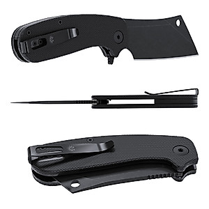 Off-Grid Knives - Cleaver V2 Folding Knife, D2 Tumbled Black Cleaver Blade, G10 Scales, Ceramic Ball Bearings, Left & Right Hand Carry