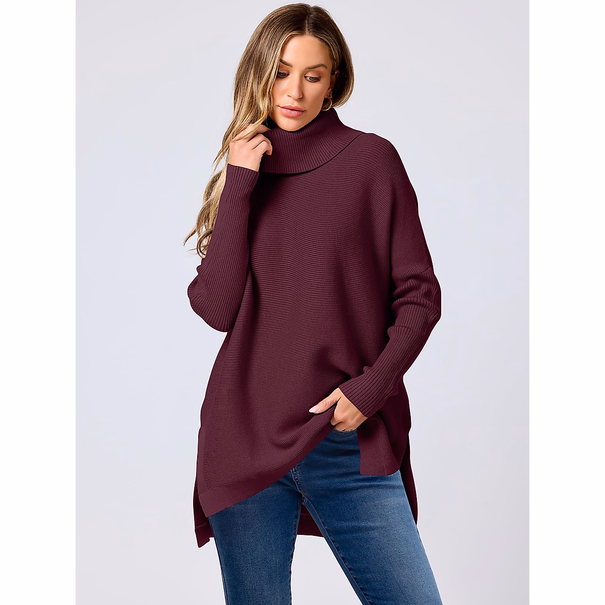 ANRABESS Women's Oversized Turtleneck Batwing Sleeve Spilt Casual Loose Knit Tunic Pullover Sweater Tops 2025 Fall Outfits Wine Red Small