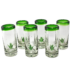 MAREY Shot Glasses | Hand Blown Glass | Tequila Glasses Artisan Crafted in Mexico | Set of 6 pieces | (Green Rim W/Agave, Standard 2 Oz.)