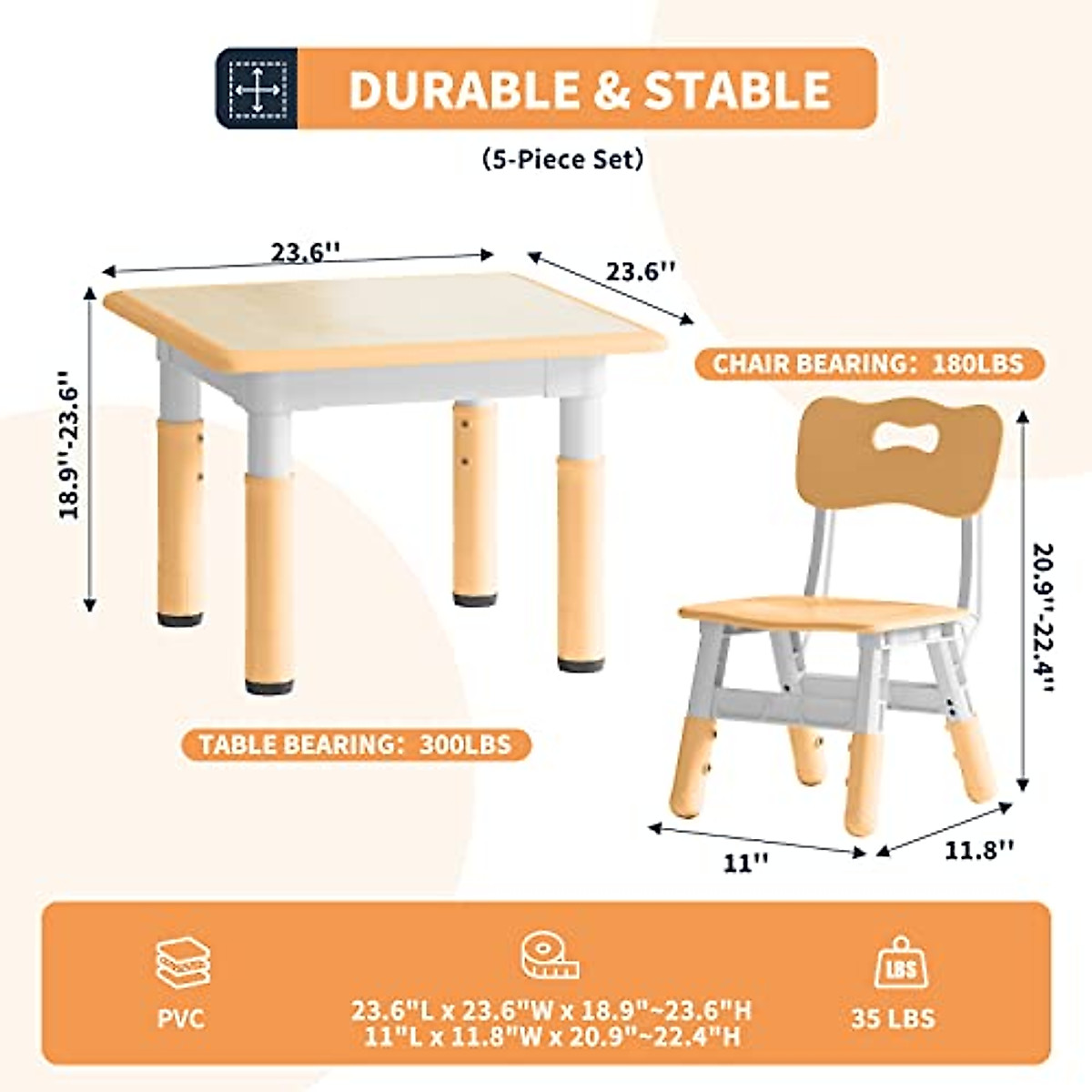 wanan Kids Table and Chair Set, Height Adjustable Toddler Table and 4 Chairs Set, Kids Table for Playing, Drawing, Eating, Studying, Easy to Clean Arts & Crafts Table for Ages 2-10 (Natural)
