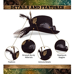 Attitude Studio Fedora Steampunk Hat with Goggles, Feathers, and Gears - Black
